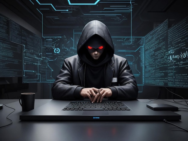 Premium Photo | Hacking and malware concept Faceless hacker using abstract laptop with binary ...