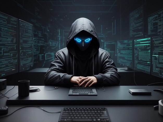 Hacking and malware concept Faceless hacker using abstract laptop with binary code digital ...