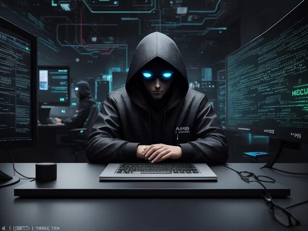 Hacking and malware concept Faceless hacker using abstract laptop with binary code digital ...