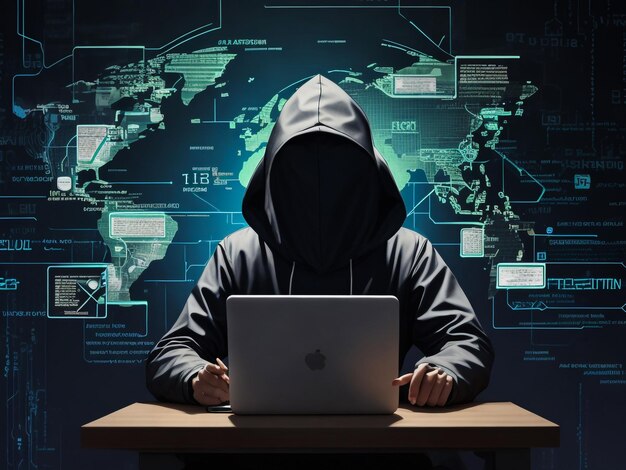 Premium Photo | Hacking and malware concept Faceless hacker using abstract laptop with binary ...