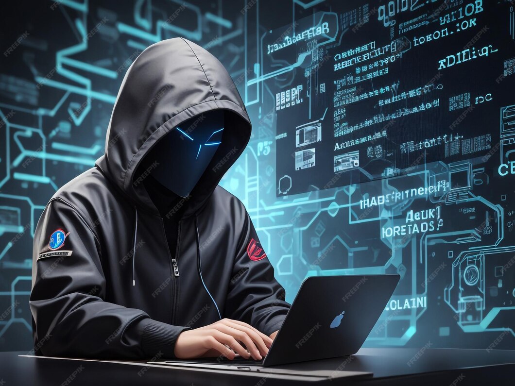 Premium Photo | Hacking and malware concept Faceless hacker using abstract laptop with binary ...