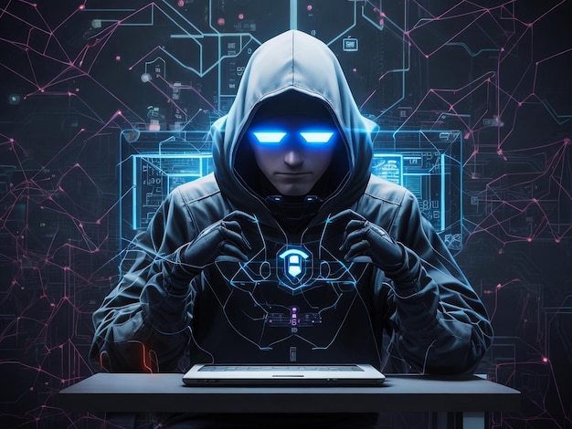 Premium Ai Image Hacking And Malware Concept Faceless Hacker Using Abstract Laptop With Binary