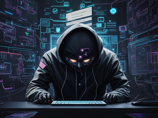 Premium Photo | Hacking and malware concept Faceless hacker using abstract laptop with binary ...