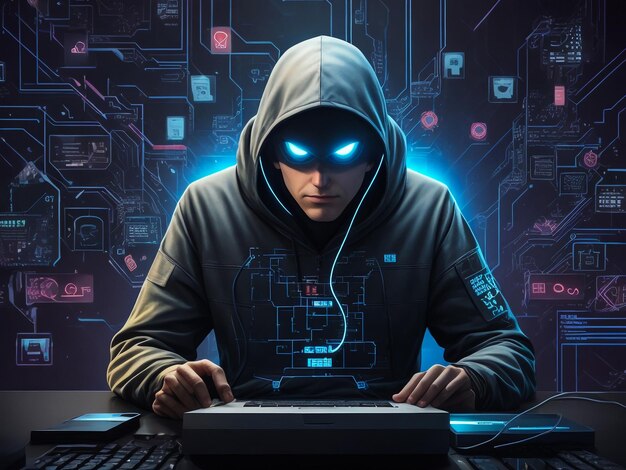 Premium Photo | Hacking and malware concept Faceless hacker using abstract laptop with binary ...