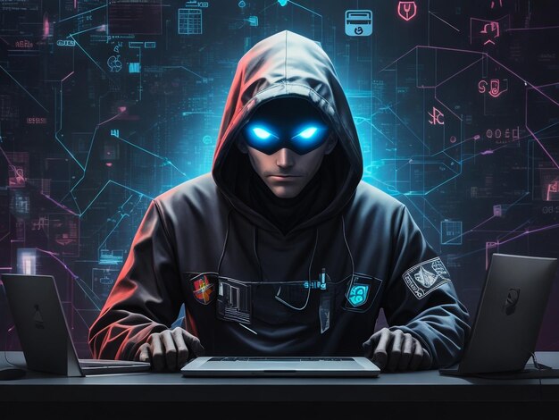 Premium Photo | Hacking and malware concept Faceless hacker using abstract laptop with binary ...