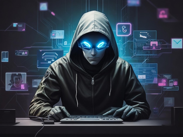 Premium Photo | Hacking and malware concept Faceless hacker using abstract laptop with binary ...