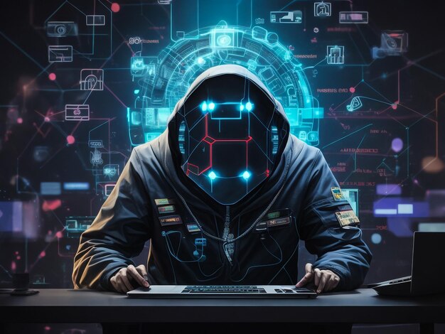 Premium Photo | Hacking and malware concept Faceless hacker using abstract laptop with binary ...