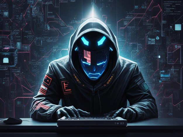 Hacking and malware concept Faceless hacker using abstract laptop with binary code digital ...