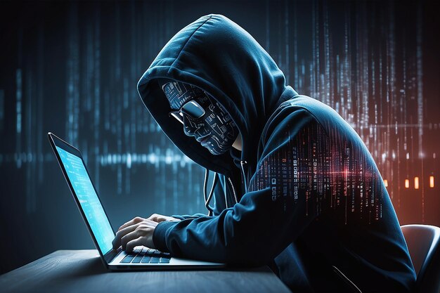 Hacking and malware concept Hacker using abstract laptop with binary code digital interface ...