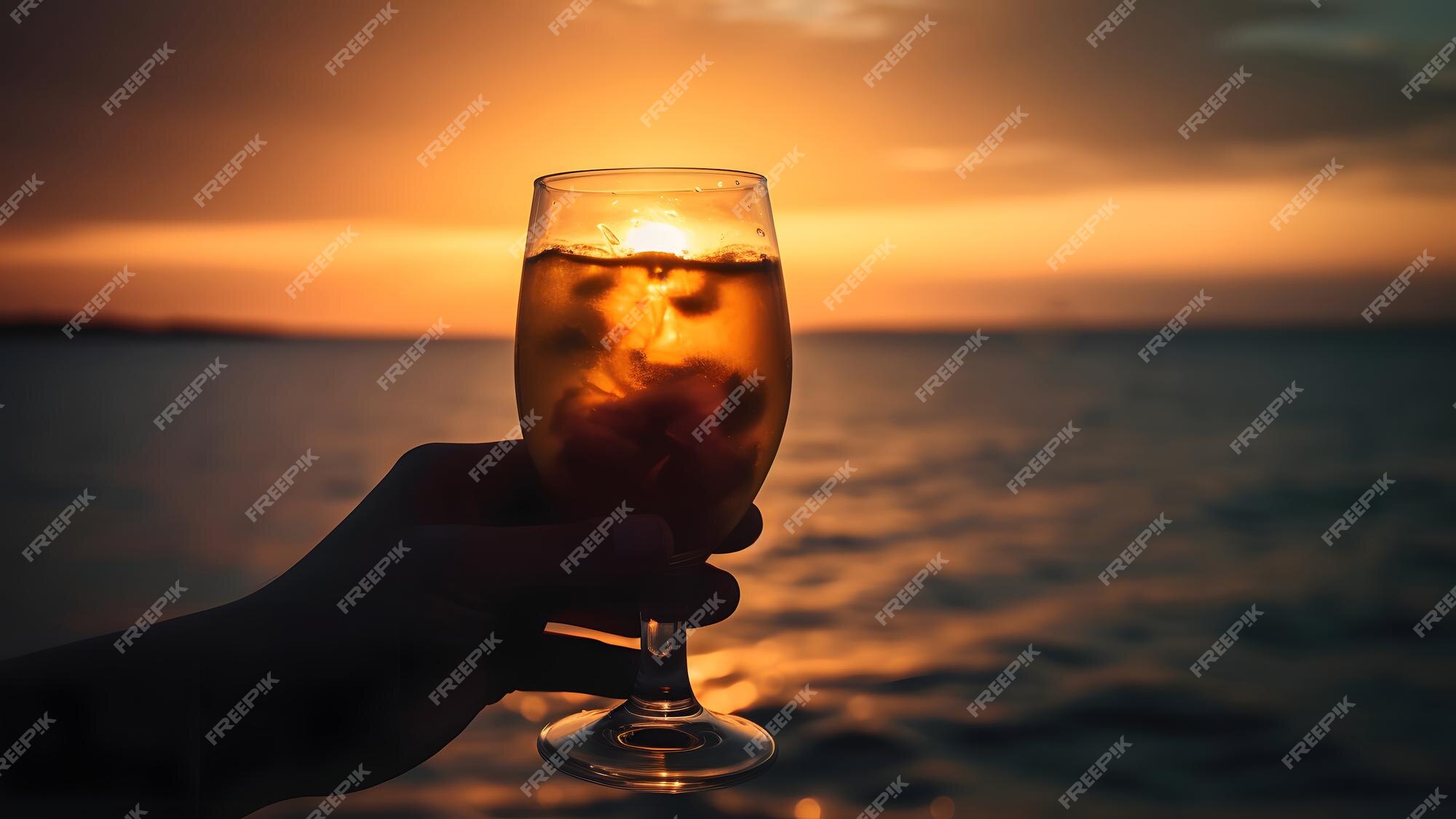 Premium Ai Image Hand Holding Glass Of Cocktail On Blurry Sea Horizon