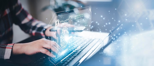 Premium Photo Hand Touch Fingerprint With Virtual Global With Cyber Security Login User