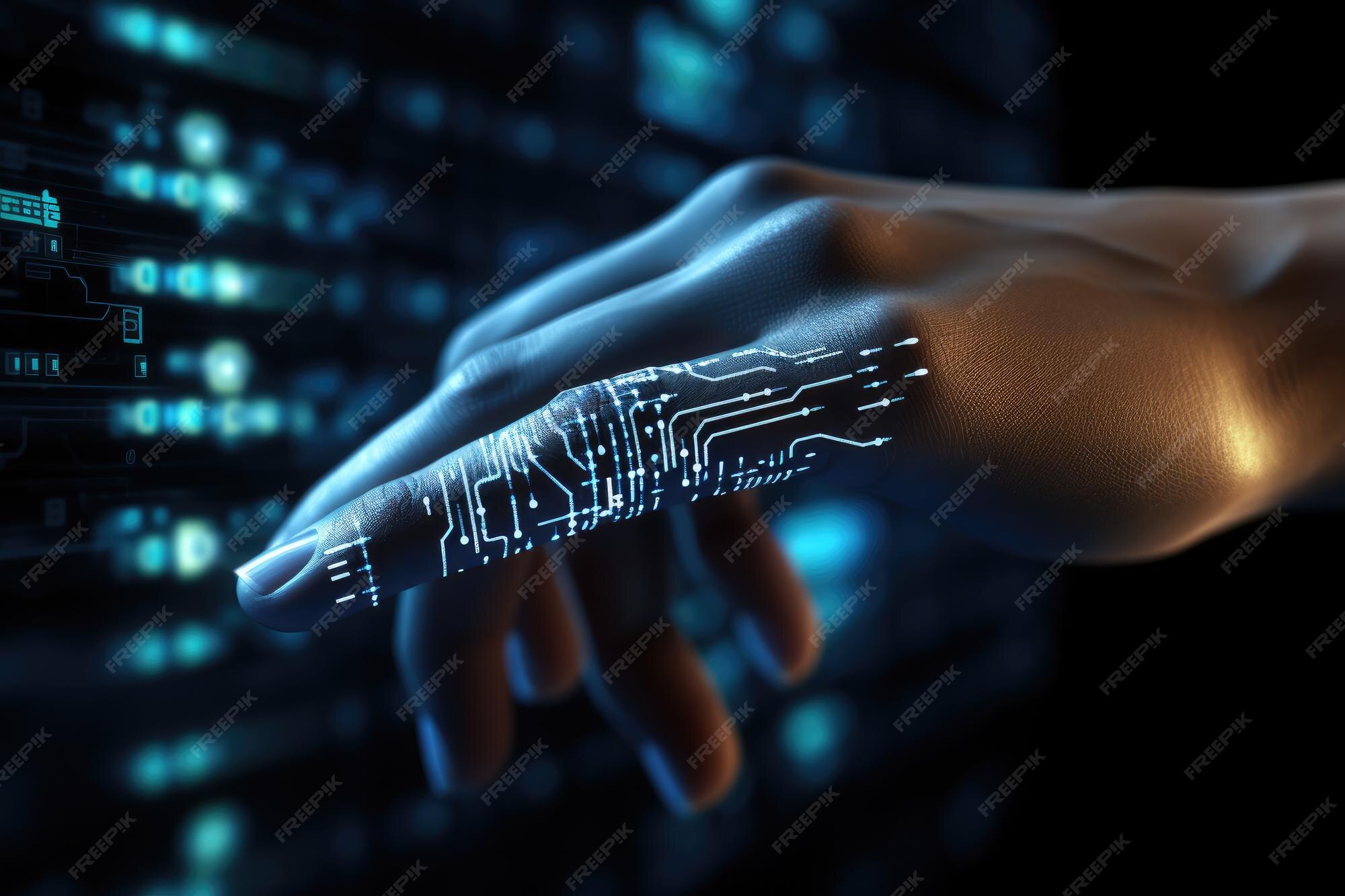 Premium AI Image | Hand Touching Screen With Circuit Board in Background View of a cyborg hand ...