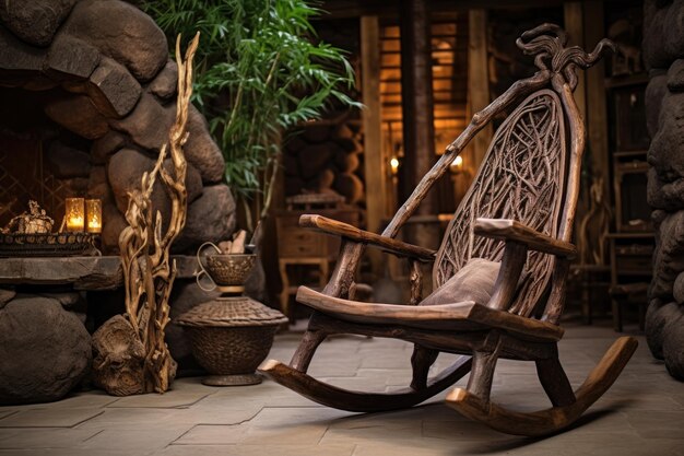 Premium Photo | A handcarved wooden rocking chair in a rustic setting Premium Photo | A handcarved wooden rocking chair in a rustic setting