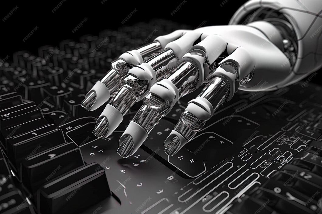 Premium AI Image | Hands of AI robot typing on keypad Robotic cyborg hand using keyboard ...
