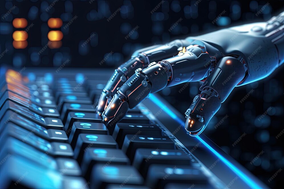 Premium AI Image | Hands of AI robot typing on keypad Robotic cyborg hand using keyboard ...