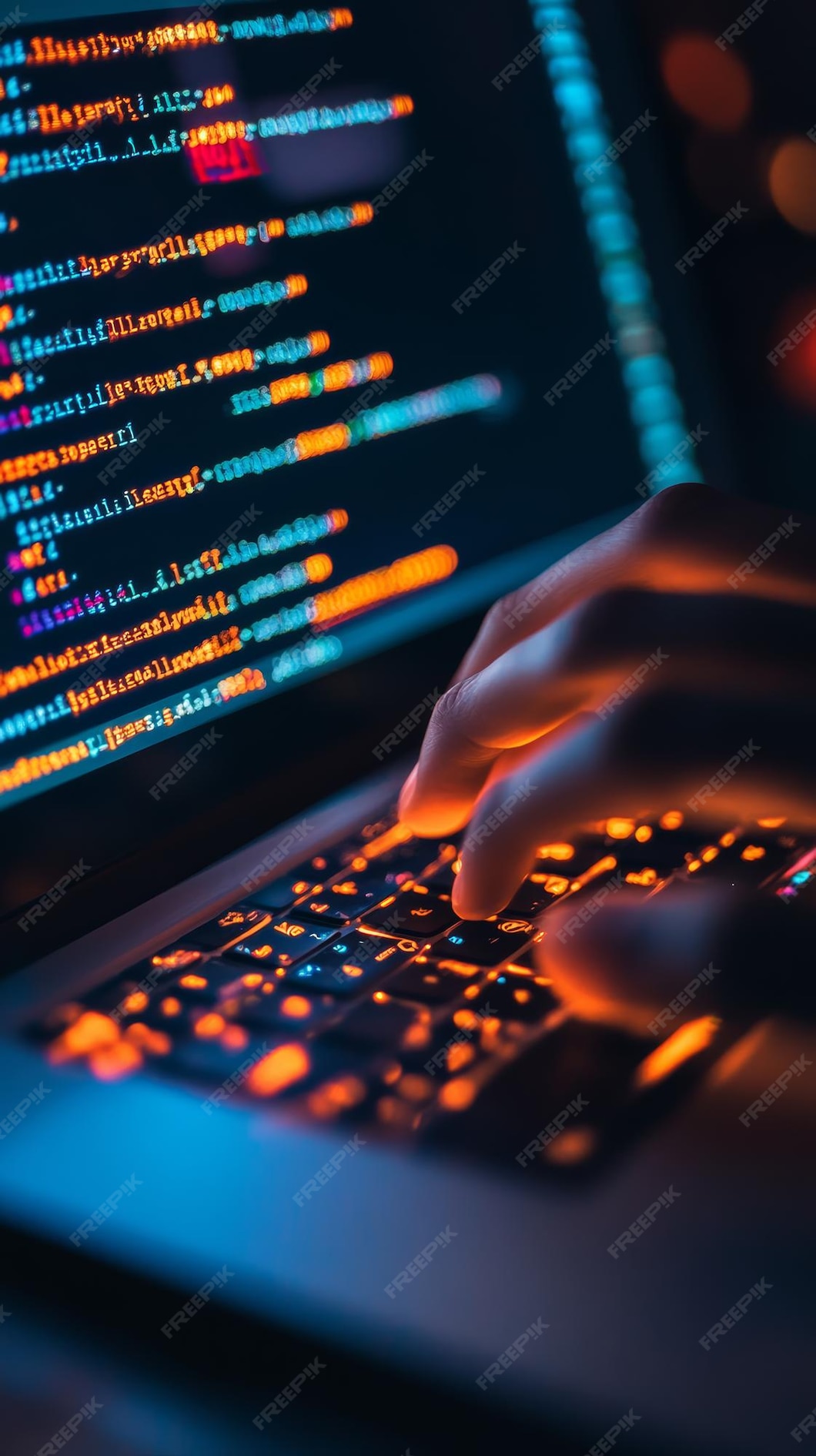 Hands on a laptop typing code with programming displayed on the screen Concept of a software ...