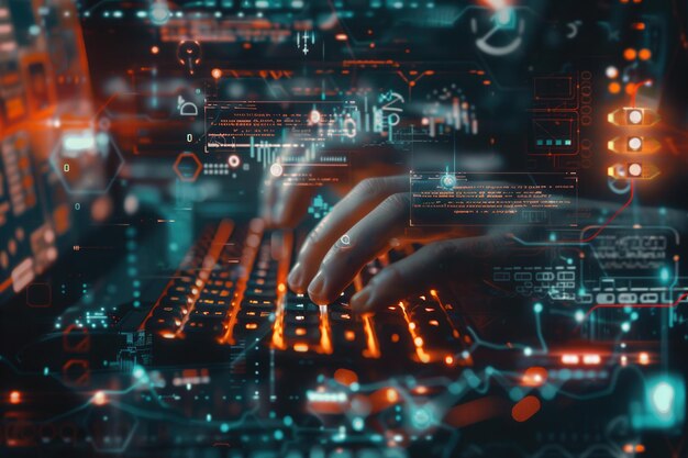 Hands Skillfully Type On A Keyboard Surrounded By An Array Of Dynamic Digital Symbols And Code