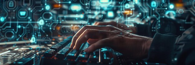 Hands skillfully typing codes on a keyboard surrounded by an array of digital symbols and ...