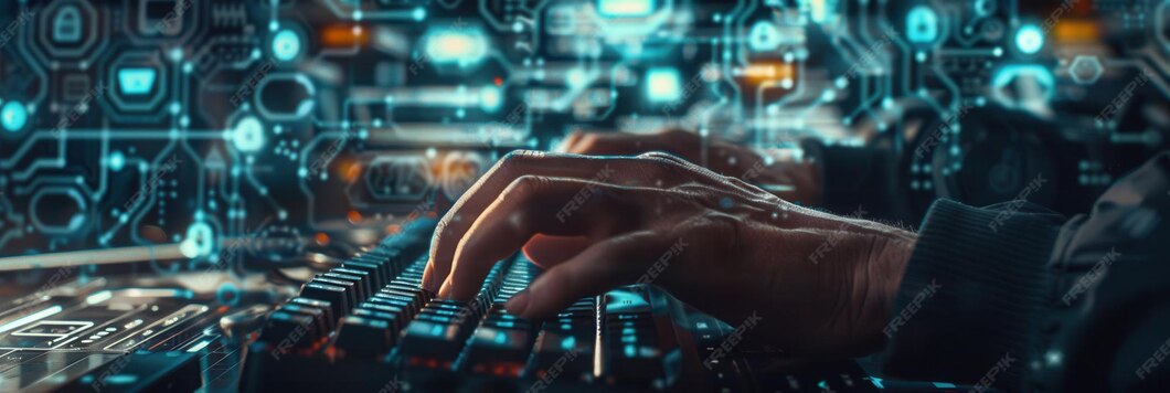 Hands skillfully typing codes on a keyboard surrounded by an array of ...