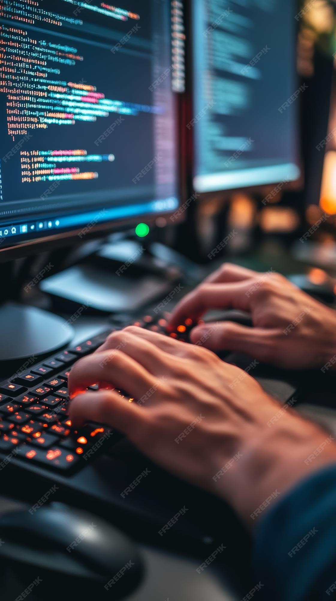 Hands typing code on a mechanical keyboard with code displayed on dual monitors Represents ...