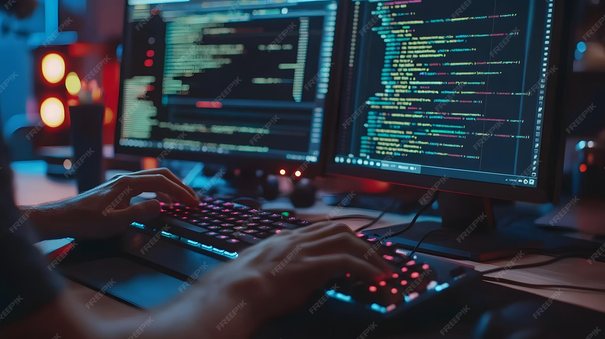 Hands typing on a mechanical keyboard with multiple code windows open software development ...