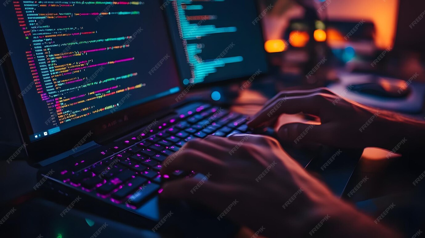 Hands typing on a mechanical keyboard with multiple code windows open ...