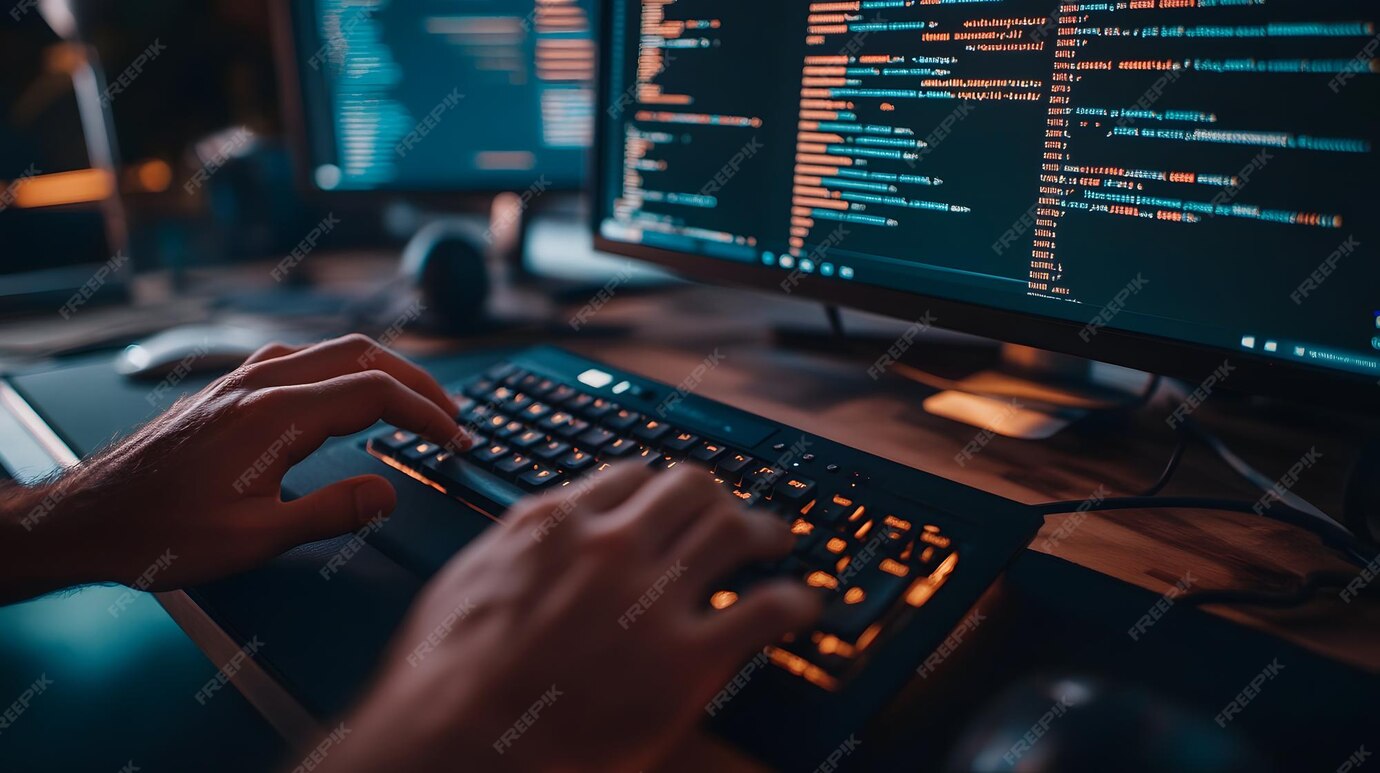 Hands typing on a mechanical keyboard with multiple code windows open ...