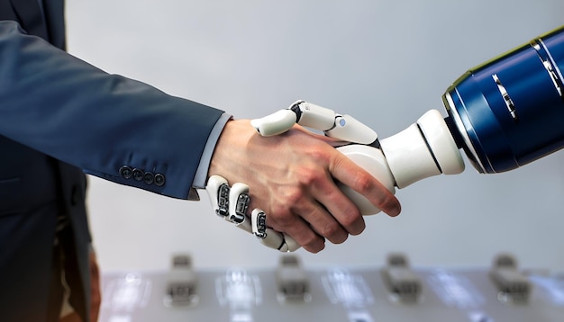 Premium AI Image | Handshake between man and robot Premium AI Image | Handshake between man and robot