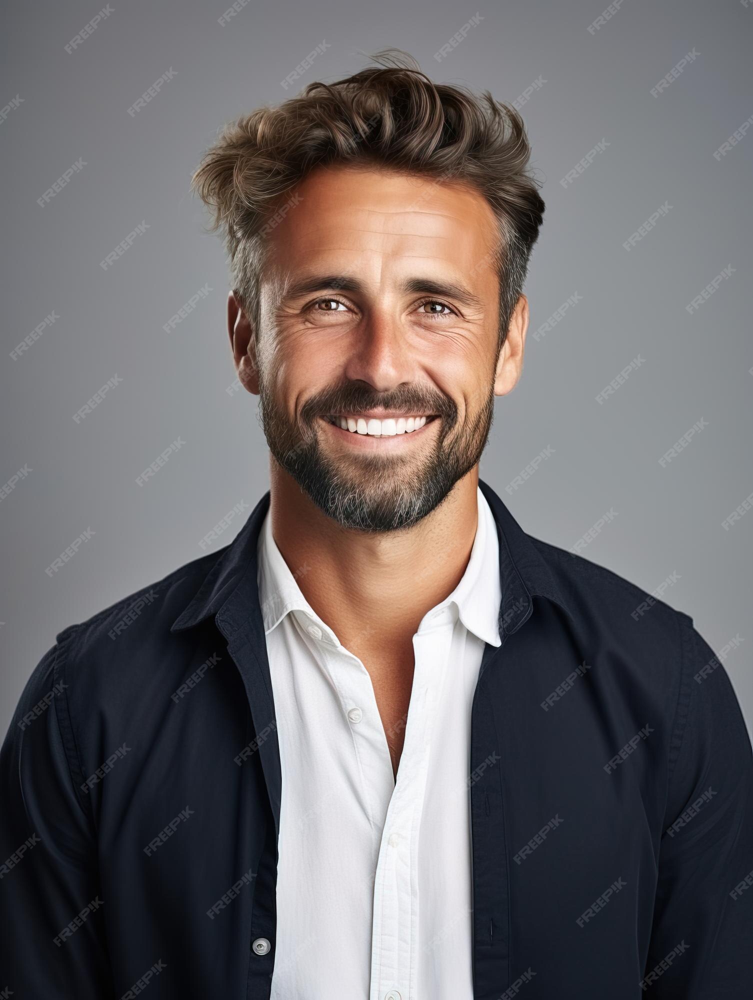Premium Photo Handsome Bearded Man Smiling On Gray Background Happy Man