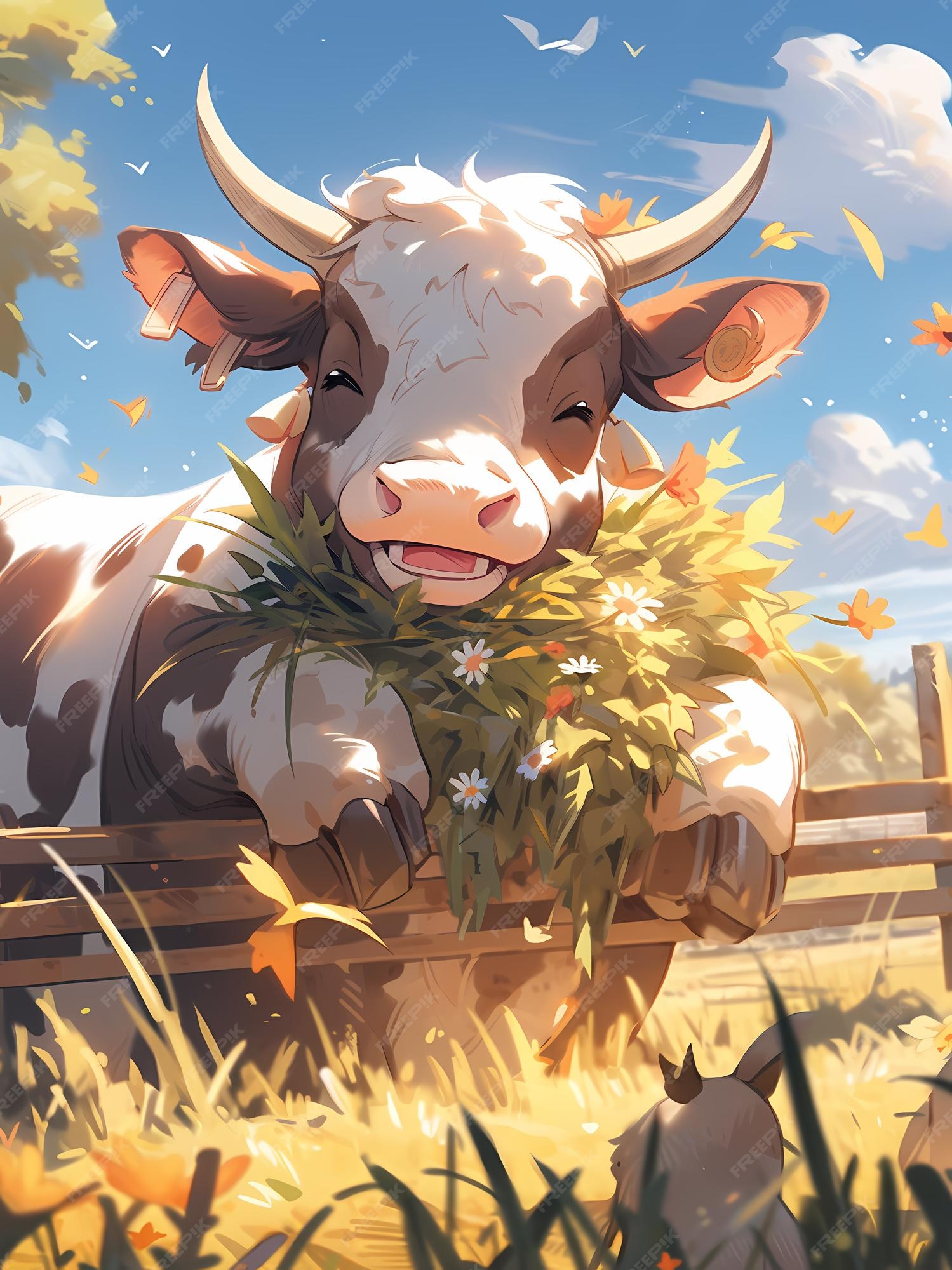 Happy Anime Cow Inside A Farm Digital Art Premium Ai Generated Image