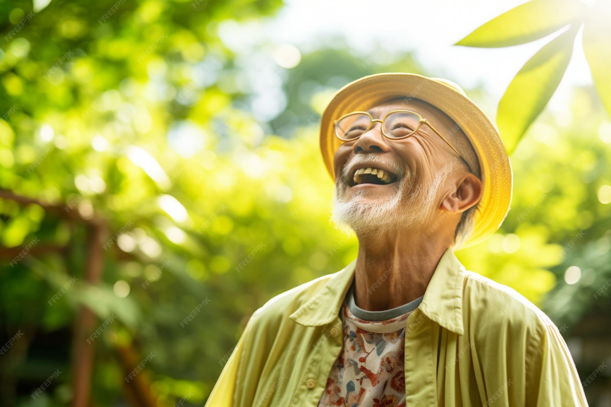Premium Ai Image A Happy Asian Grandpa In A Green Garden