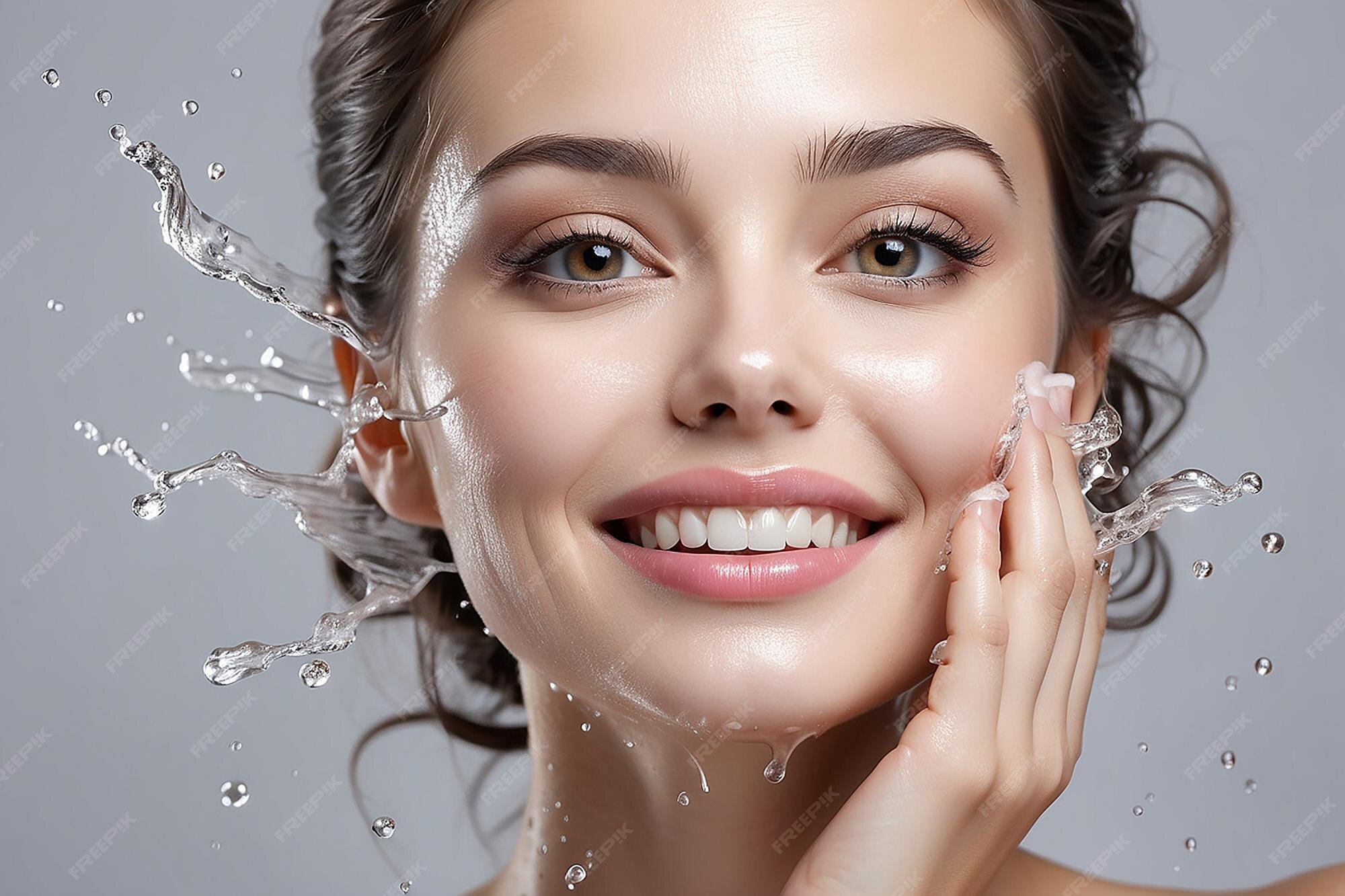Premium Photo Happy Beauty Woman Skin Care Washing With Splashes And
