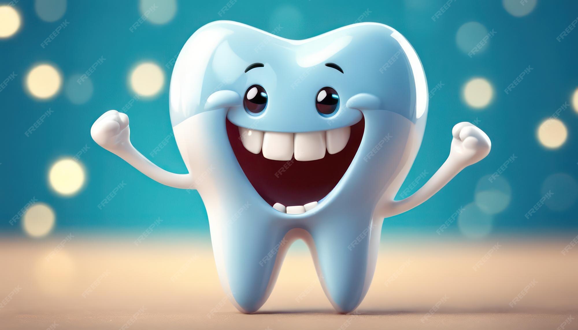 Happy Cartoon Tooth Character With Glowing Background Premium Ai