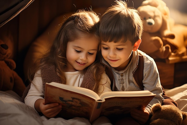 Premium Photo | Happy Children Reading Book Cozy Evening at home Premium Photo | Happy Children Reading Book Cozy Evening at home
