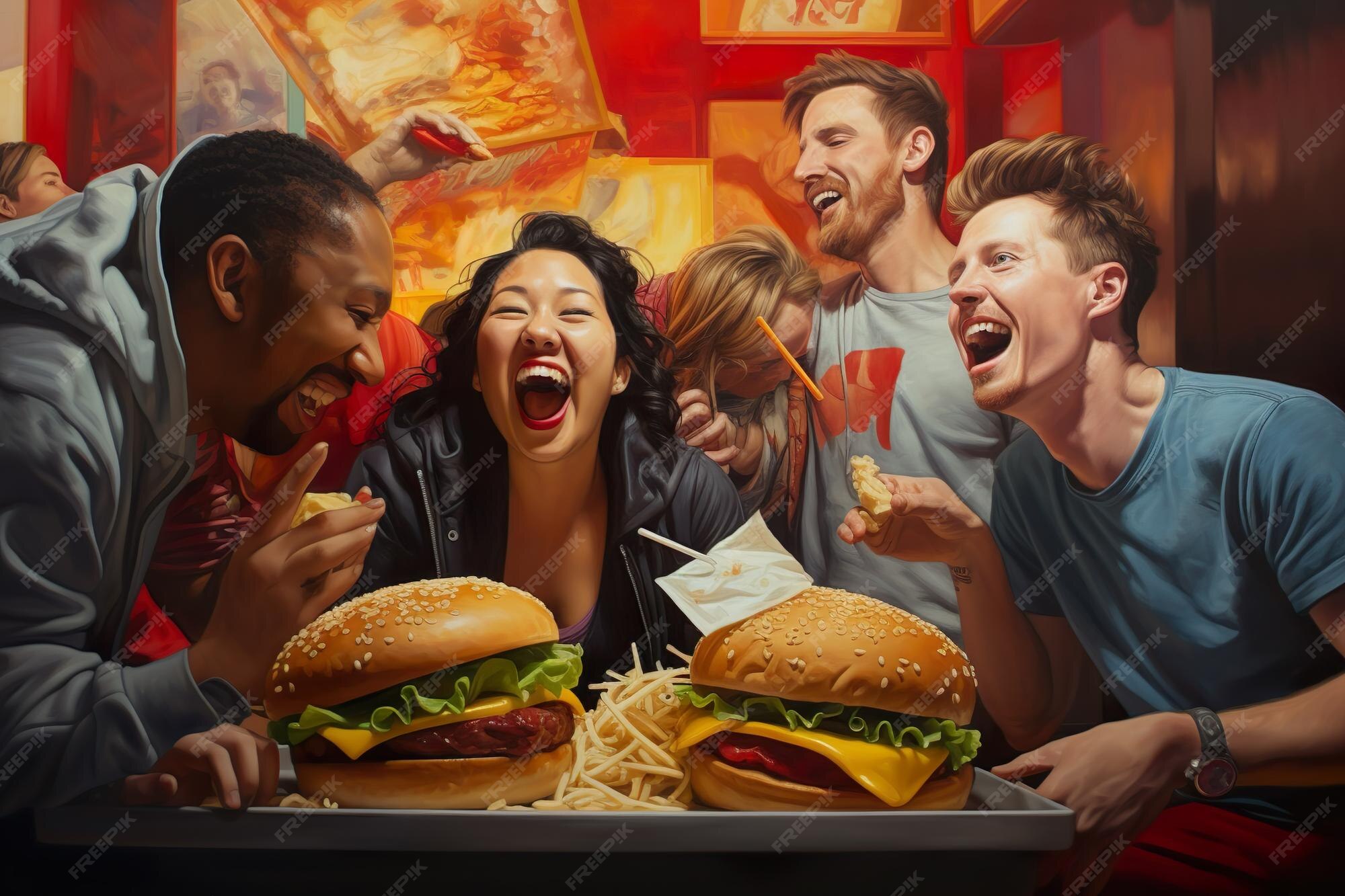 Premium Photo | Happy friends enjoying fast food together generative ai Premium Photo | Happy friends enjoying fast food together generative ai