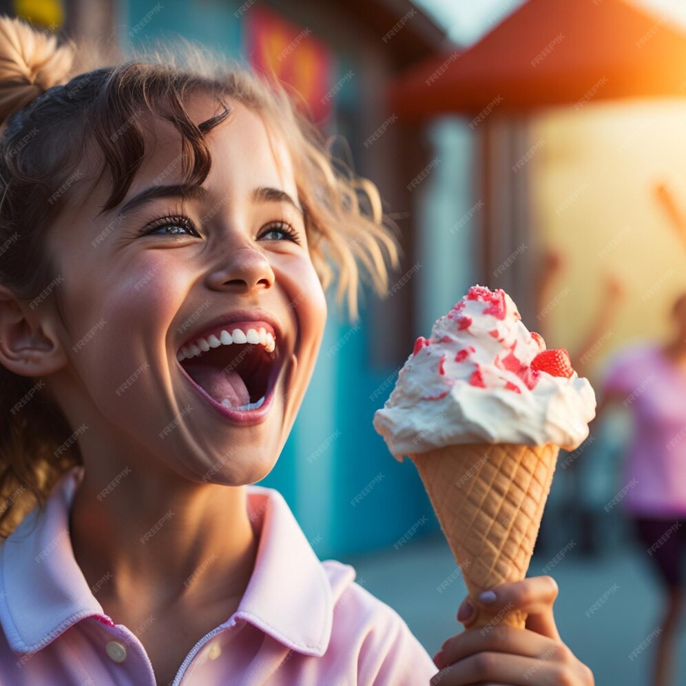 Premium Ai Image Happy Girl Eating Ice Cream Cone