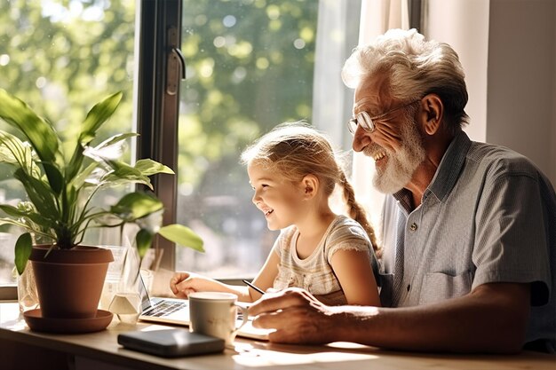 Premium Photo | Happy grandfather with little girl sitting at table ... Premium Photo | Happy grandfather with little girl sitting at table ...