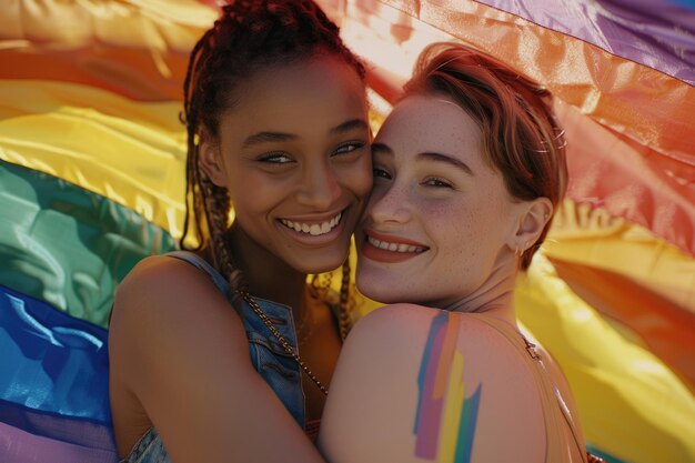 Premium Photo Happy Lgbtq Couple Embracing Against Rainbow Pride Flag