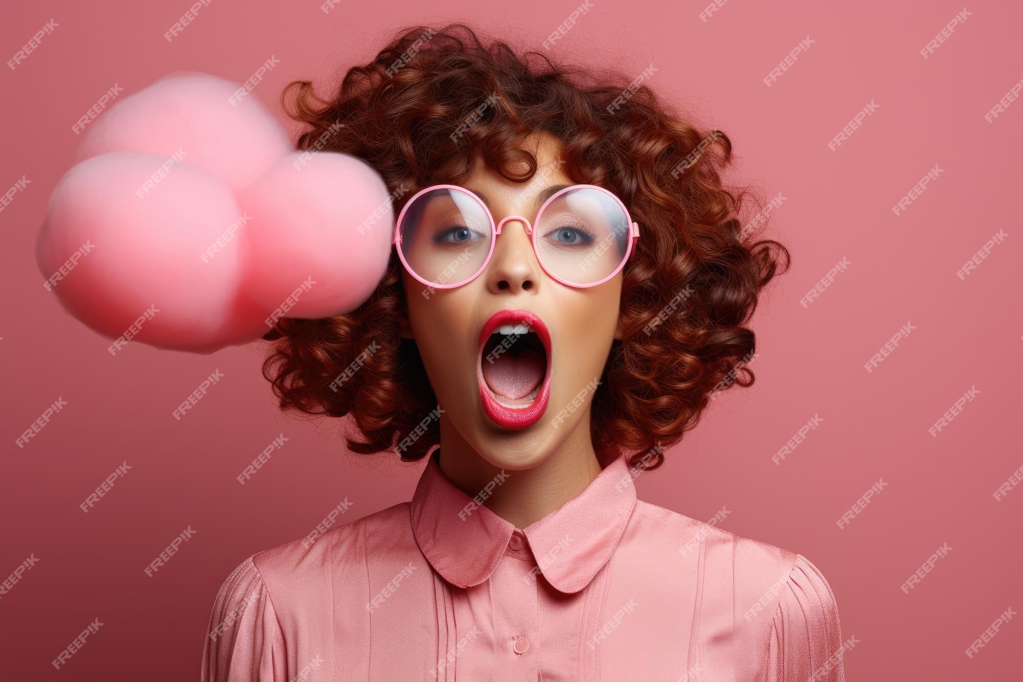 Premium Ai Image Happy Woman Blowing Bubble Gum In Front Of Wall Ai