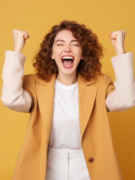 Premium Photo Happy Woman Celebrating On A Solid Background