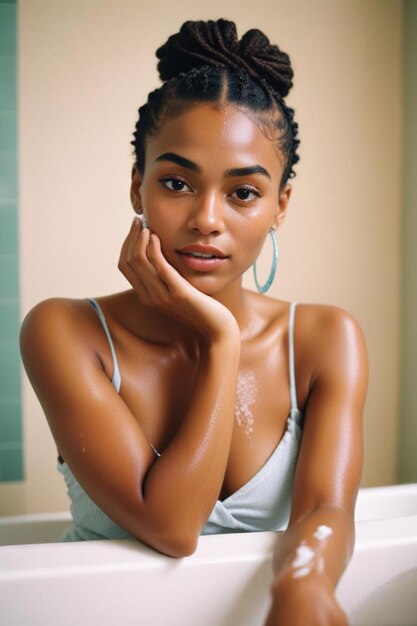 Happy young beautiful African American woman taking care of her facial ... Happy young beautiful African American woman taking care of her facial ...
