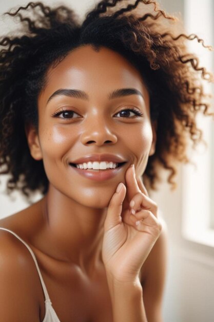 Happy young beautiful African American woman taking care of her facial ... Happy young beautiful African American woman taking care of her facial ...