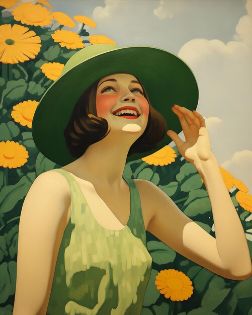 Premium Photo Happy Young Girl With Hat And Green Bikini