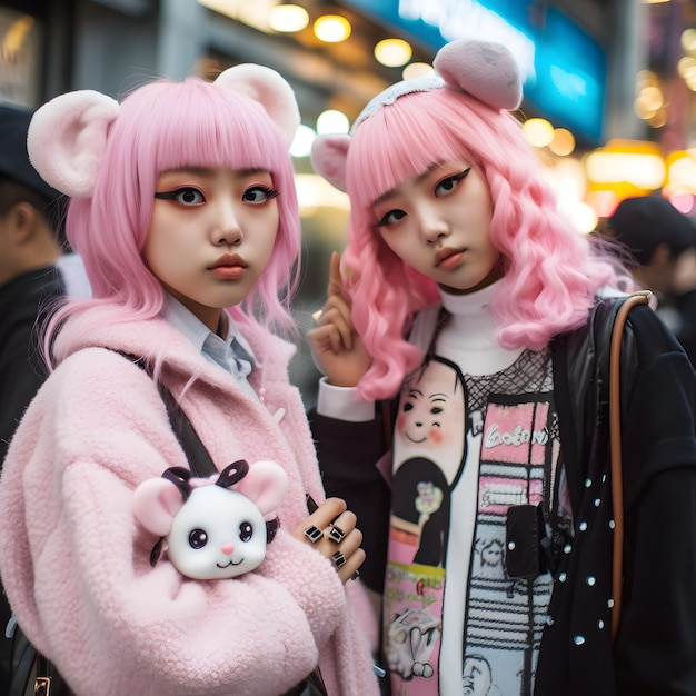 Premium Ai Image Harajuku Girl Japanese Kawaii Pink Hair Street Style