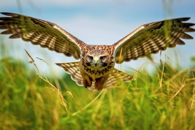Premium Ai Image Hawk Hovering Over A Meadow Eyes Locked On A Target