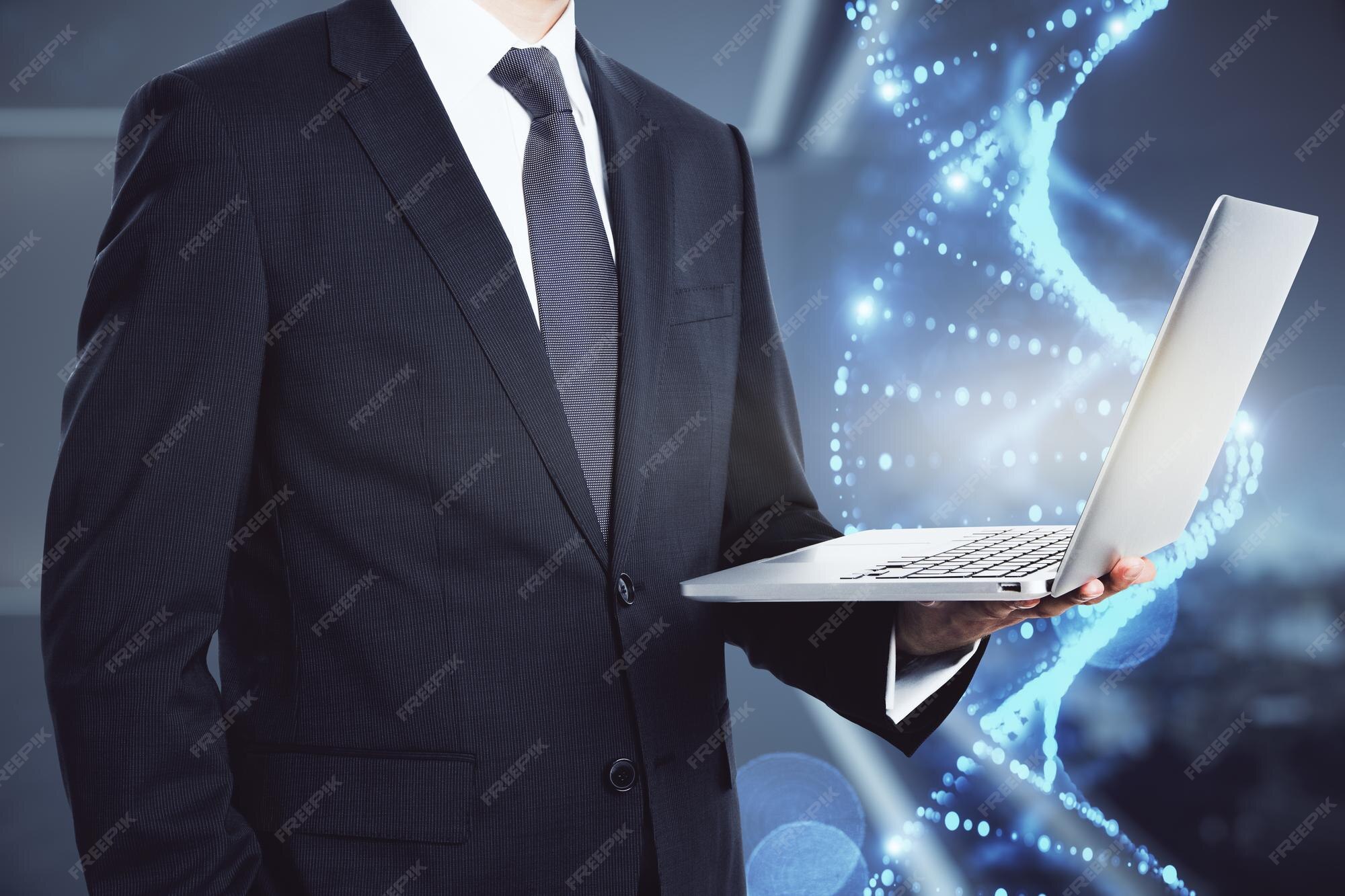 Premium Photo Headless European Businessman Using Laptop In Blurry