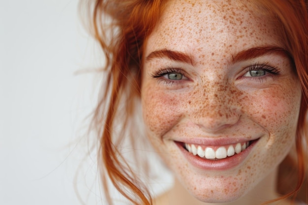 Headshot Portrait Of Happy Ginger Girl With Freckles Smiling Looking At