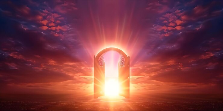 A heavenly gateway symbolizing spiritual beliefs illuminated by bright ... A heavenly gateway symbolizing spiritual beliefs illuminated by bright ...