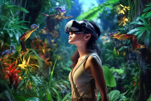 Premium Ai Image Heavily Stylized Portrait Of A Woman Immersed In A Vr Headset Simulation