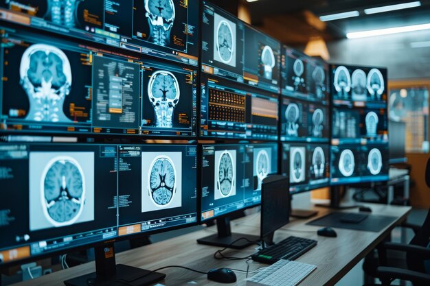 High tech lab with multiple monitors displaying brain scans and medical ... High tech lab with multiple monitors displaying brain scans and medical ...